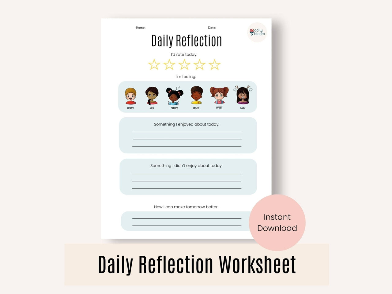 Daily Reflection Worksheet for Kids – Daily Bloom